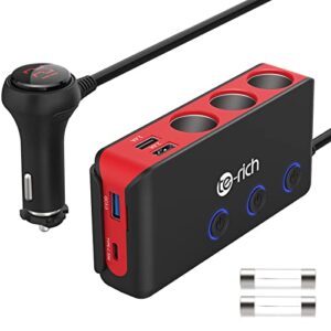 cigarette lighter adapter, 3 socket cigarette lighter splitter, fast car charger adapter with 20w usb c pd & 18w qc 3.0 (5v/10.4 a), 12v multi port outlet extension for gps/dash cam/radar detector