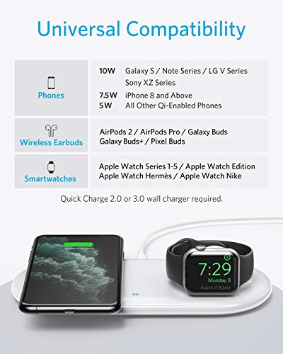 Anker Wireless Charging Station, 2 in 1 PowerWave+ Pad with Holder for Apple Watch 5/4/3/2, Wireless Charger for iPhone 13, 12, 12 Pro Max, 11, AirPods (Watch Charging Cable & AC Adapter Not Included)