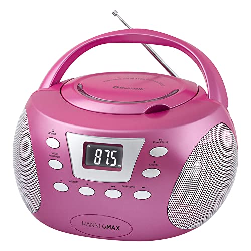 HANNLOMAX HX-332CD Portable CD Boombox, PLL FM Radio, Bluetooth, LCD Display, Aux-in, AC/DC Dual Power Source (Pink)