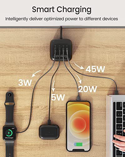 USB C Charger Station, SUPERDANNY GaN 70W USB C Charger, 4-Port USB Charging Hub with 4ft Cord, USB-C PD/USB-A QC Fast Charge Hub Compatible for MacBook, Laptops, iPad, iPhone, Samsung Galaxy, Black