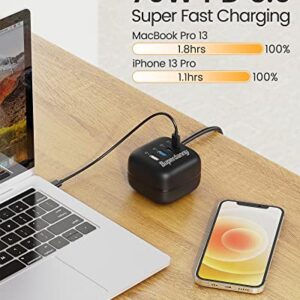 USB C Charger Station, SUPERDANNY GaN 70W USB C Charger, 4-Port USB Charging Hub with 4ft Cord, USB-C PD/USB-A QC Fast Charge Hub Compatible for MacBook, Laptops, iPad, iPhone, Samsung Galaxy, Black