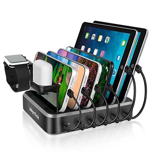 Charging Station for Multiple Devices, 60W 6-Port Charging Dock with PD 20W USB-C & Quick Charge 3.0, 6 Short Charging Cables Included,Smartwatch Holder, Compatible with iPhone iPad Cell Phone Tablets