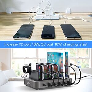 Charging Station for Multiple Devices, 60W 6-Port Charging Dock with PD 20W USB-C & Quick Charge 3.0, 6 Short Charging Cables Included,Smartwatch Holder, Compatible with iPhone iPad Cell Phone Tablets