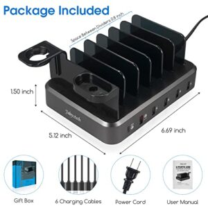 Charging Station for Multiple Devices, 60W 6-Port Charging Dock with PD 20W USB-C & Quick Charge 3.0, 6 Short Charging Cables Included,Smartwatch Holder, Compatible with iPhone iPad Cell Phone Tablets