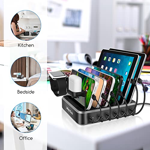 Charging Station for Multiple Devices, 60W 6-Port Charging Dock with PD 20W USB-C & Quick Charge 3.0, 6 Short Charging Cables Included,Smartwatch Holder, Compatible with iPhone iPad Cell Phone Tablets