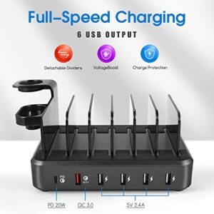 Charging Station for Multiple Devices, 60W 6-Port Charging Dock with PD 20W USB-C & Quick Charge 3.0, 6 Short Charging Cables Included,Smartwatch Holder, Compatible with iPhone iPad Cell Phone Tablets