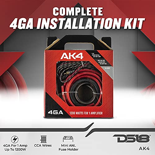 DS18 AK4 Complete 4 Gauge CCA Amplifier Installation Wiring Kit - Ampkit Helps Make Connections, Brings Power to Your Radio, Subwoofers, Speakers with Super Flex Wire - 1200W for 1 Amplifier