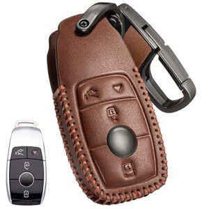 slohif for benz leather key fob cover accessories for 2020-2021 mercedes glc 300 glb 250 gle350 4 buttons, leather case+d-ring+hook(brown)