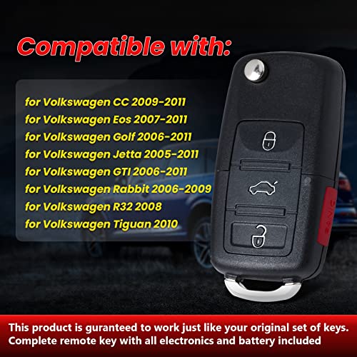 Aichiyu Flip Remote Key Fob HLO 1K0 959 753 P for Volkswagen CC Eos Golf Jetta GTI Rabbit R32 Tiguan 2006 2007 2008 2009 2010 2011 4 Buttons 315Mhz ID48 Chip FCC ID: NBG92596263