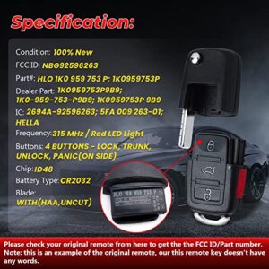 Aichiyu Flip Remote Key Fob HLO 1K0 959 753 P for Volkswagen CC Eos Golf Jetta GTI Rabbit R32 Tiguan 2006 2007 2008 2009 2010 2011 4 Buttons 315Mhz ID48 Chip FCC ID: NBG92596263