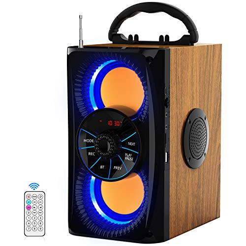 DINDIN Wireless Bluetooth Speaker with Lights 10W HD Sound and Bass, Wood body, Four Stereo Loud, Portable Record Speakers for Home, Party, Outdoor, Travel, Gift, 4 loud speakers