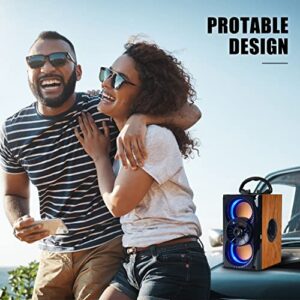 DINDIN Wireless Bluetooth Speaker with Lights 10W HD Sound and Bass, Wood body, Four Stereo Loud, Portable Record Speakers for Home, Party, Outdoor, Travel, Gift, 4 loud speakers