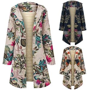 Andongnywell Ladies Warm Outwear Floral Print Hooded Vintage Coats Long Sleeve Outwear Print Hooded Overcoat (Orange,4X-Large)