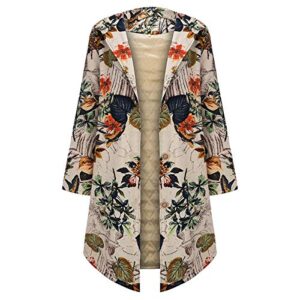 Andongnywell Ladies Warm Outwear Floral Print Hooded Vintage Coats Long Sleeve Outwear Print Hooded Overcoat (Orange,4X-Large)