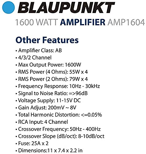 BLAUPUNKT 1600W 4-Channel, Full-Range Amplifier AMP1604, Black