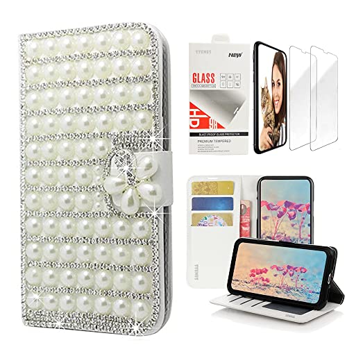 STENES Bling Wallet Phone Case Compatible with LG K51 - Stylish - 3D Handmade Pearl Lattice Flowers Design Leather Cover with Screen Protector [2 Pack] - White