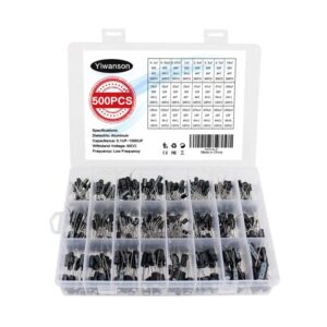 yiwanson 500 pcs capacitor kit, aluminum radial electrolytic components, 24 value range 0.1uf – 1000uf 10v/16v/25v/50v capacitors assortment kit for repair tv, lcd monitor, radio, car audio