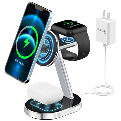 3 in 1 Magnetic Wireless Charger, 18W Aluminum Alloy MagSafe Charging Station for iPhone 14 Pro/14 Pro Max /14/13/12 Series, AirPods 3/Pro/2, iWatch 8/Ultra/7/6/SE/5/4/3/2 (with QC 3.0 Adapter)