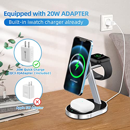 3 in 1 Magnetic Wireless Charger, 18W Aluminum Alloy MagSafe Charging Station for iPhone 14 Pro/14 Pro Max /14/13/12 Series, AirPods 3/Pro/2, iWatch 8/Ultra/7/6/SE/5/4/3/2 (with QC 3.0 Adapter)