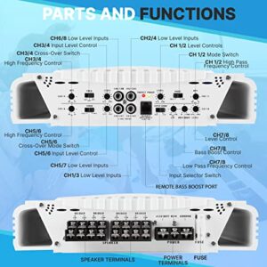 Pyle Hydra Marine Amplifier - Upgraded Elite Series 3000 Watt 8 Channel Bridgeable Amp Tri-Mode Configurable, Waterproof, MOSFET Power Supply, GAIN Level Controls and RCA Stereo Input (PLMRA830BT)