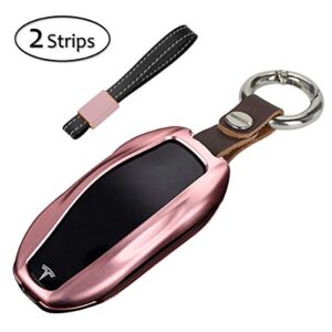 azipro tesla key fob cover case, alumium hard keyless remote flip key protection case shell cover key chain for men women (model s & model 3, rose gold)