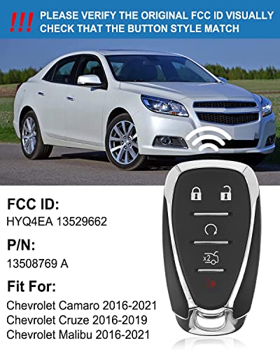 Keyless Entry Remote Car Key Fob for Chevy Malibu 2016-2021, Chevy Cruze 2016-2019, Chevy Camaro 2016-2021, 433MHz ID46 Chip 5 Button, HYQ4EA 13529662