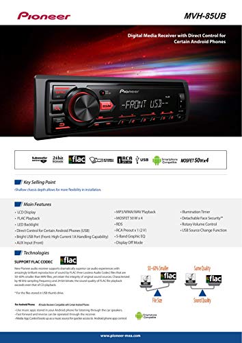 Pioneer MVH-85UB Digital Media Car Stereo Receiver , USB , Auxiliary , MP3 Playback , Mixtrax , Media App Control , Siri Eyes Free Compatible