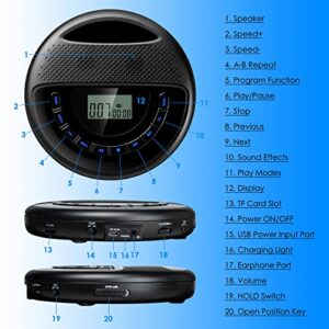 Gueray CD Player Portable Rechargeable with Speaker Dual Stereo 1400mAh CD Walkman CD Discman Backlight Battery Personal CD Player with Headphones Memory Function Anti-Skip Protection LCD Display