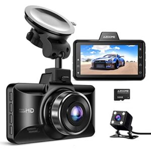 azdome dual dash cam front and rear, 3 inch 2.5d ips screen car driving recorder, 1080p fhd dashboard camera, waterproof backup camera night vision, park monitor, g-sensor, for car taxi with 32gb card