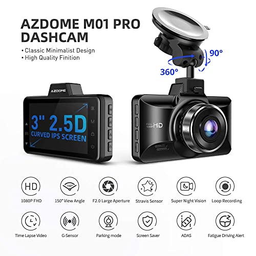 AZDOME Dual Dash Cam Front and Rear, 3 inch 2.5D IPS Screen Car Driving Recorder, 1080P FHD Dashboard Camera, Waterproof Backup Camera Night Vision, Park Monitor, G-Sensor, for Car Taxi with 32GB Card