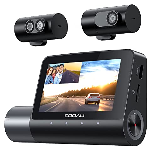 COOAU 2.5K Dash Cam Front and Rear Inside, 2.5K+1080P+1080P 3-Channel Dash Cam, Build-in GPS Wi-Fi, Dash Camera for Cars with Super IR Night Vision, 24-HR Parking Mode, Supports 512 GB Max (D50)