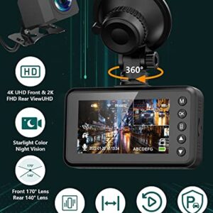 4K Dash Cam, UHD Front 4K & Rear 2K Dual Dash Camera for Cars, 3" IPS 170° Wide Angle Dashboard Camera with 64GB Card and Card Reader, Parking Guard, WDR, Starlight Night Vision,G-Sensor