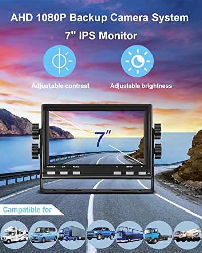 AHD 1080P RV Back Up Camera Systems for Truck, 7" IPS Monitor Vehicle Backup Cameras, IP69 Waterproof Rear View Camera IR Night Vision, Wire Reserve Camera for Van/Car/RV/Trailer/Camper