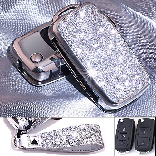 Royalfox(TM) 3 Buttons 3D Bling flip Folding Remote Key Fob case Cover for VW Volkswagen Jetta GTI Passat Golf Tiguan Touareg Beetle Multivan Sagitar Passat Accessories,with Keychain (Silver)