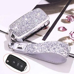 Royalfox(TM) 3 Buttons 3D Bling flip Folding Remote Key Fob case Cover for VW Volkswagen Jetta GTI Passat Golf Tiguan Touareg Beetle Multivan Sagitar Passat Accessories,with Keychain (Silver)