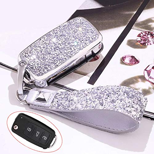 Royalfox(TM) 3 Buttons 3D Bling flip Folding Remote Key Fob case Cover for VW Volkswagen Jetta GTI Passat Golf Tiguan Touareg Beetle Multivan Sagitar Passat Accessories,with Keychain (Silver)