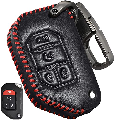 Slohif for Jeep Leather Wrangler JL JLU Rubicon 2018-2021 Gladiator JT Sahara JLU 4 Buttons, Leather Case+D-Ring+Hook(Black)