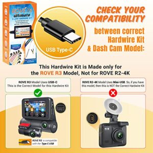 Dash Cam Hardwire Kit, USB Type C, for ROVE R3 Touch Screen 3 Channel Dash Camera