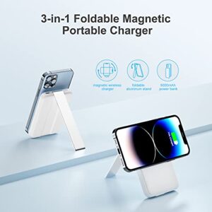 Gotoqi Mag Safe Battery Pack - 5000mAh Magnetic Wireless Portable Charger, Foldable Wireless Power Bank Stand for MagSafe Battery PD 20W Fast Charging for Apple iPhone 14 13 12 Pro Max Mini Plus