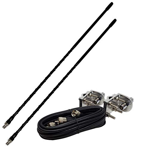 Shark Antennas TS822-2B Dual CB Antenna Kit with 2ft Antennas, Aluminum Mirror Mounts and 12ft Co-Phase Coax Cable with PL-259 Connectors.