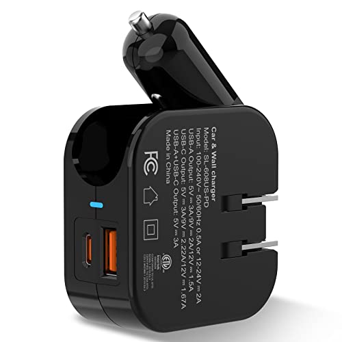 SAUNORCH USB C Car Charger Block, Cigarette Lighter Adapter and USB Wall Phone Charger W/ 2 in 1 Foldable Plug 20W Type C PD &18W QC 3.0 Charger Fast Charging for iPhone 14/13/12/11/XR,iPad, Samsung