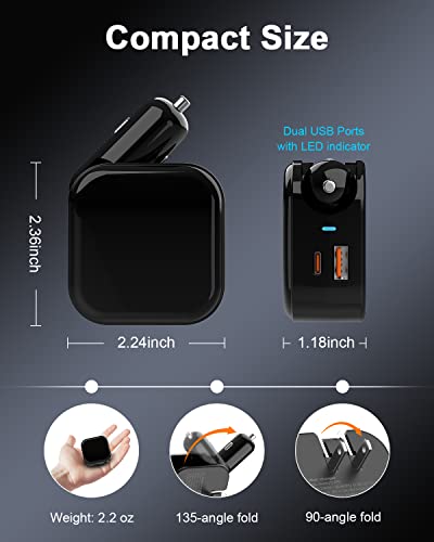 SAUNORCH USB C Car Charger Block, Cigarette Lighter Adapter and USB Wall Phone Charger W/ 2 in 1 Foldable Plug 20W Type C PD &18W QC 3.0 Charger Fast Charging for iPhone 14/13/12/11/XR,iPad, Samsung