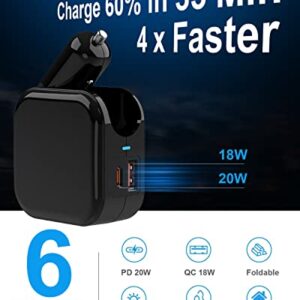 SAUNORCH USB C Car Charger Block, Cigarette Lighter Adapter and USB Wall Phone Charger W/ 2 in 1 Foldable Plug 20W Type C PD &18W QC 3.0 Charger Fast Charging for iPhone 14/13/12/11/XR,iPad, Samsung