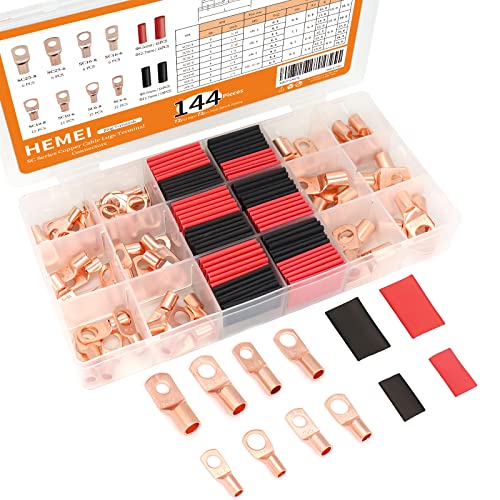 144Pcs Battery Terminal Connectors,HEMEI AWG4 6 8 12/10 Cable lugs, Heavy Duty Terminal Wire Lugs,72pcs Battery Cable Ends Ring Terminals with Spy Hole and 72pcs 3:1 Heat Shrink Tubing.