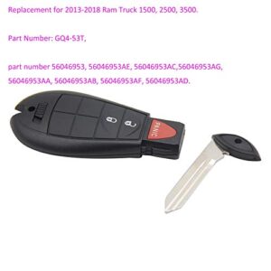 Electronic 3-Button Key Fob Remote GQ4-53T Keyless Entry Remote Key Fob Replacement For 2013-2018 Dodge Ram Truck 1500 2500 3500 56046953 56046953AE, 56046953AC,56046953AG