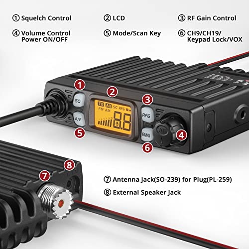 Radioddity CB-27 Pro 40-Channel Mini Mobile CB Radio with AM/FM Instant Emergency Channel 9/19, 4W Power Output, VOX, RF Gain, and Handheld Mic