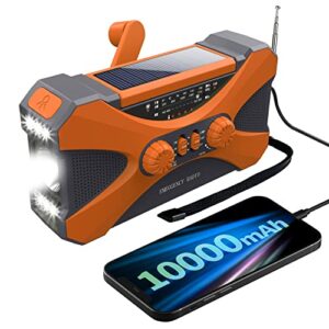 【10000mah】 emergency radio hand crank solar, noaa weather radio multiple power sources,flashlight, reading lamp,cell phone charger, sos alarm, portable am/fm/wb radio with headphone jack (orange)