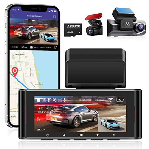 AZDOME 4K Dual Dash Cam Built-in WiFi GPS Front 4K/2.5K and Rear 1080P, with 64GB Card, Dual Dash Camera for Cars, 3.19" Display, Dashboard Camera Recorder Capacitor, Parking Mode, Support 256GB Max