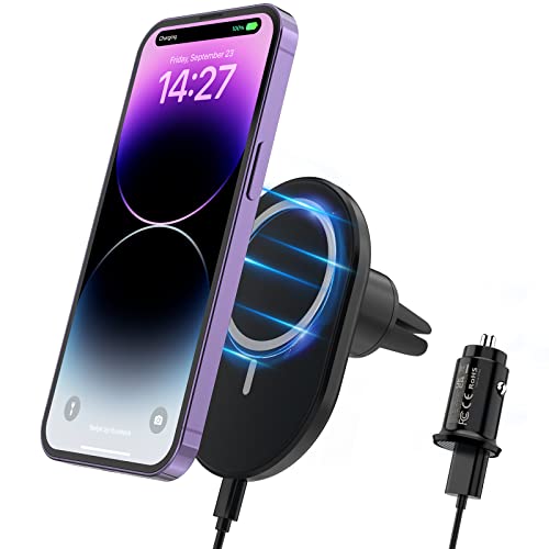 JoyGeek Magnetic Wireless Car Charger, Compatible with Mag-Safe Car Mount Charger for iPhone 14/13/12 Series, Car Air Vent Phone Holder Mount with 18W Car Charger, Black