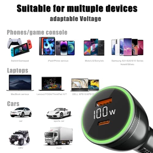 PhinkTek 100W Type-C Car Charger Super Fast Charge PD 100w and QC3.0 18W Dgital Display Car Charger Adapter for iPhone 14 13 12 iPad Pro Mac Book Pro Air Laptop Samsung S21 S22 Ultra Note 20